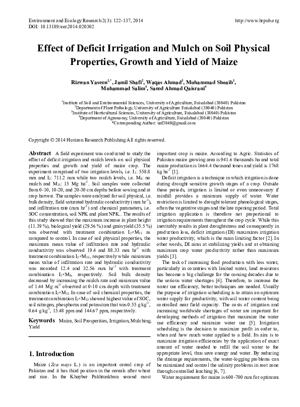 (PDF) Effect of Deficit Irrigation and Mulch on Soil Physical Properties, Growth and Yield of Maize