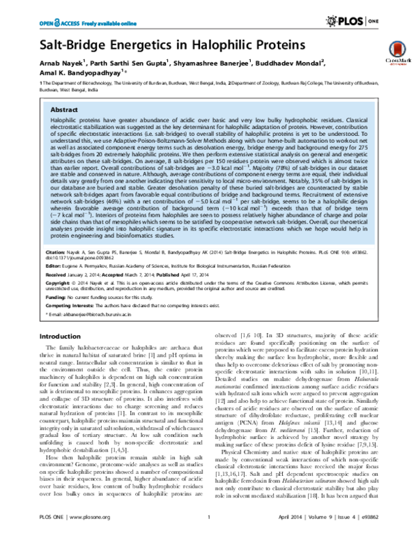 (PDF) Salt-Bridge Energetics in Halophilic Proteins