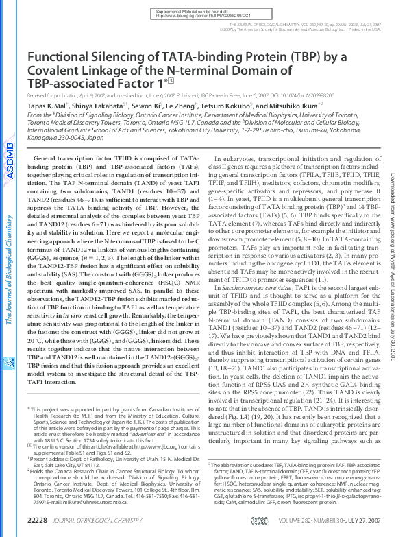 (PDF) Functional Silencing of TATA-binding Protein (TBP) by a Covalent ...