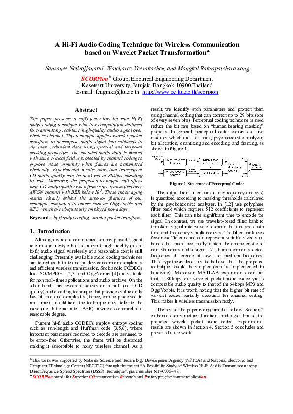 Pdf A Hi Fi Audio Coding Technique For Wireless Communication Based On Wavelet Packet