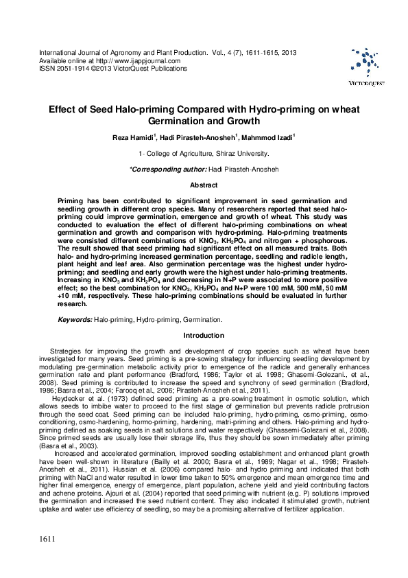Pdf Effect Of Seed Halo Priming Compared With Hydro Priming On Wheat