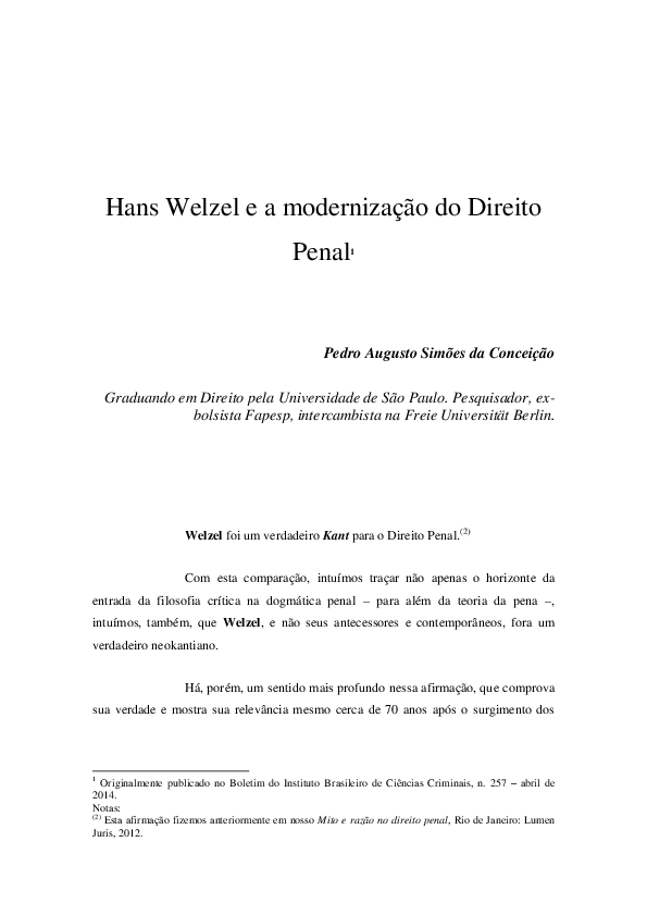 (PDF) Hans Welzel e a Modernização do Direito Penal