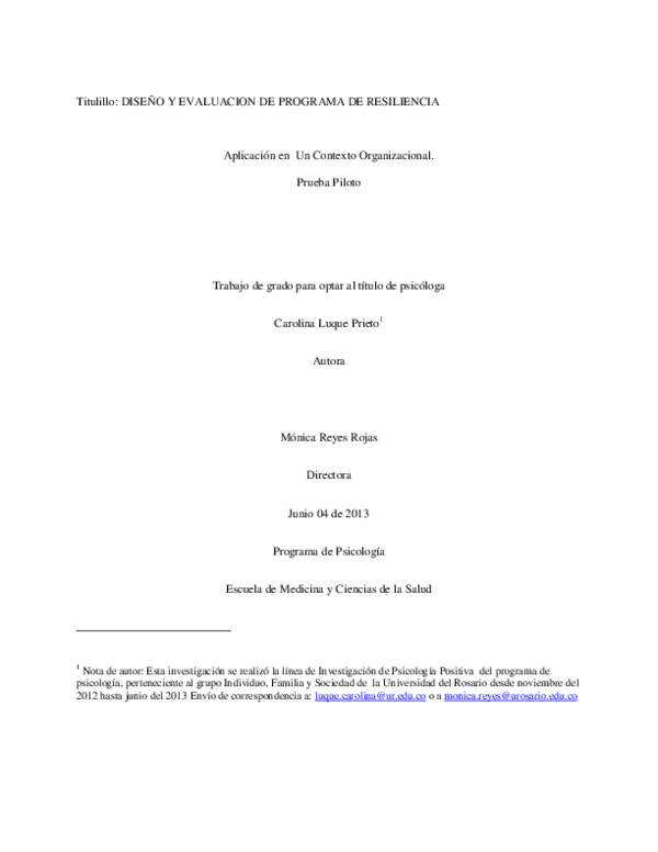 (PDF) Titulillo: DISEÑO Y EVALUACION DE PROGRAMA DE RESILIENCIA