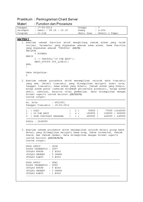 (DOC) Praktikum : Pemrograman Client Server Materi : Function dan Procedure