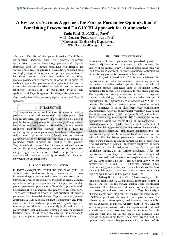 Pdf A Review On Various Approach For Process Parameter Optimization Of Burnishing Process And