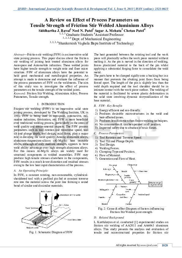 Pdf A Review On Effect Of Process Parameters On Tensile Strength Of Friction Stir Welded