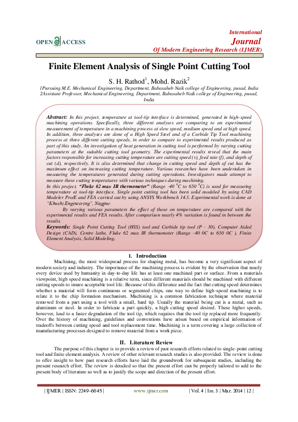 Pdf Finite Element Analysis Of Single Point Cutting Tool