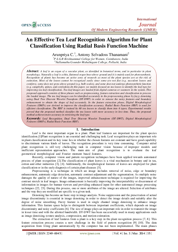 Pdf An Effective Tea Leaf Recognition Algorithm For Plant Classification Using Radial Basis