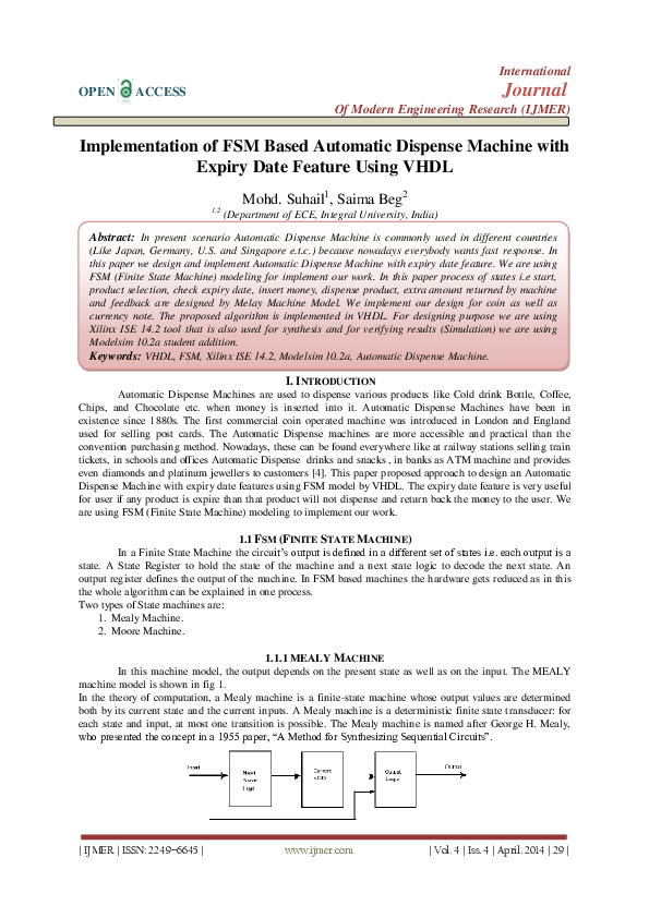 Pdf Implementation Of Fsm Based Automatic Dispense Machine With Expiry Date Feature Using Vhdl