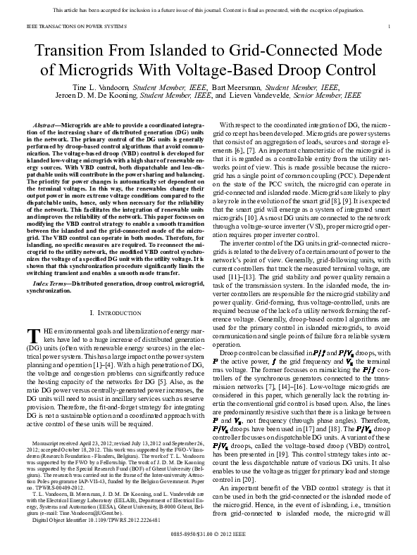 Transition From Islanded To Grid Connected Mode Of Microgrids With Voltage Based Droop Control