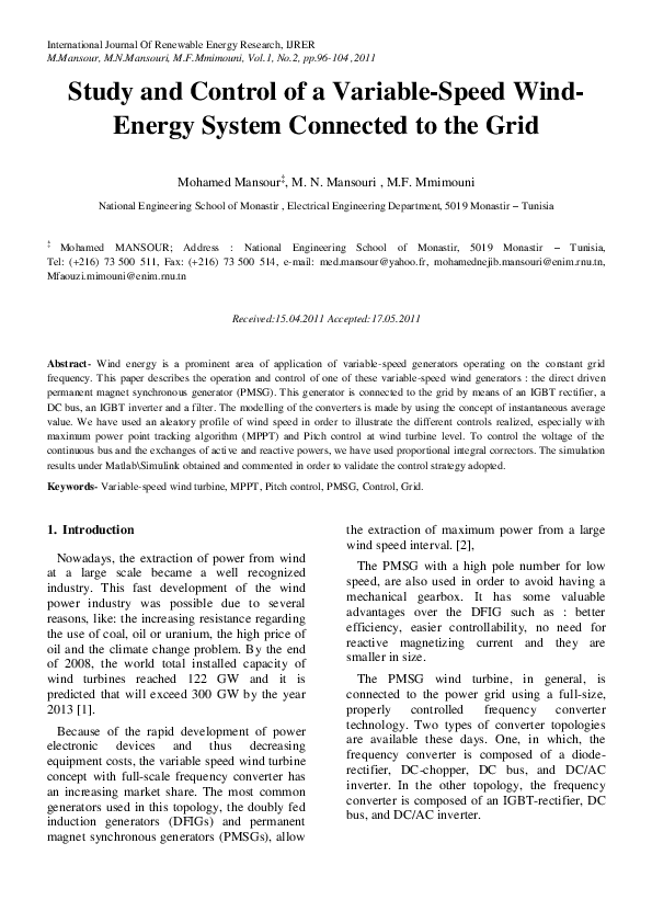 (PDF) Study and Control of a Variable-Speed Wind- Energy System Connected to the Grid