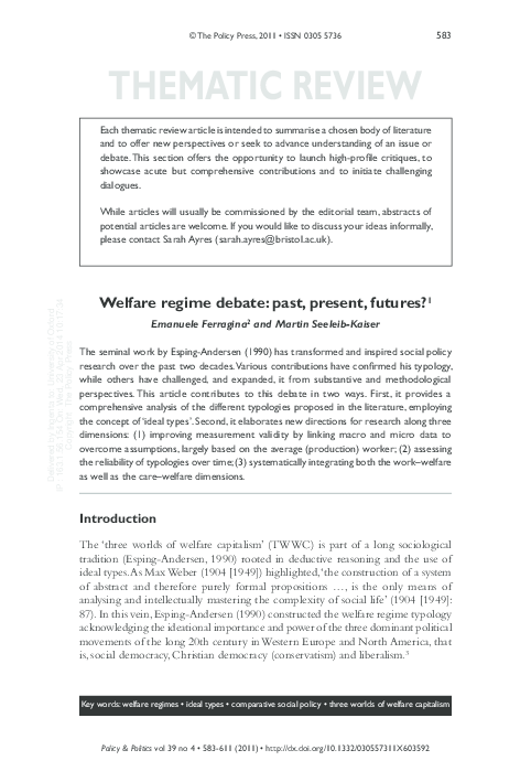 (PDF) Thematic Review: Welfare regime debate: past, present, futures?