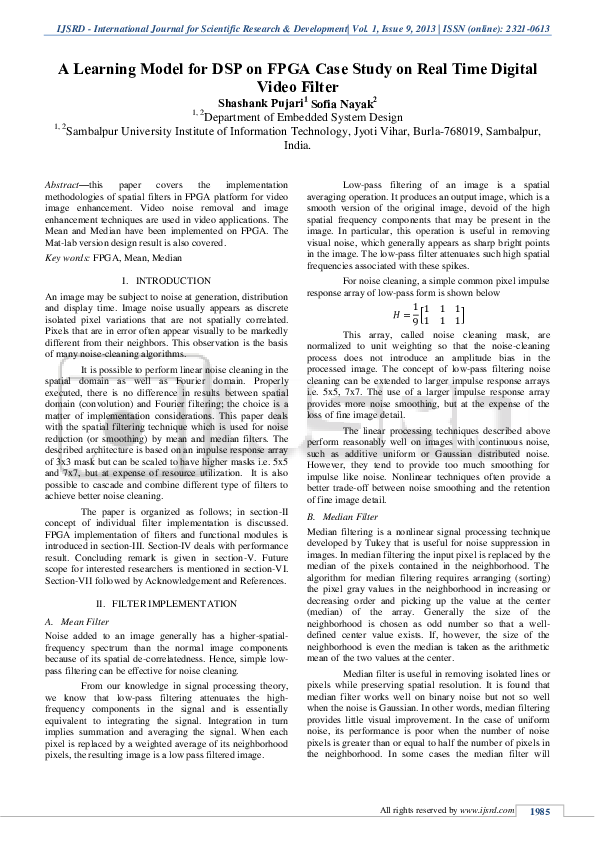 (PDF) A Learning Model for DSP on FPGA Case Study on Real Time Digital Video Filter