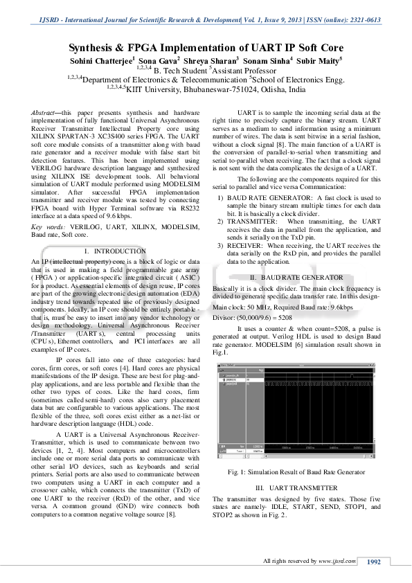 (PDF) Synthesis & FPGA Implementation of UART IP Soft Core