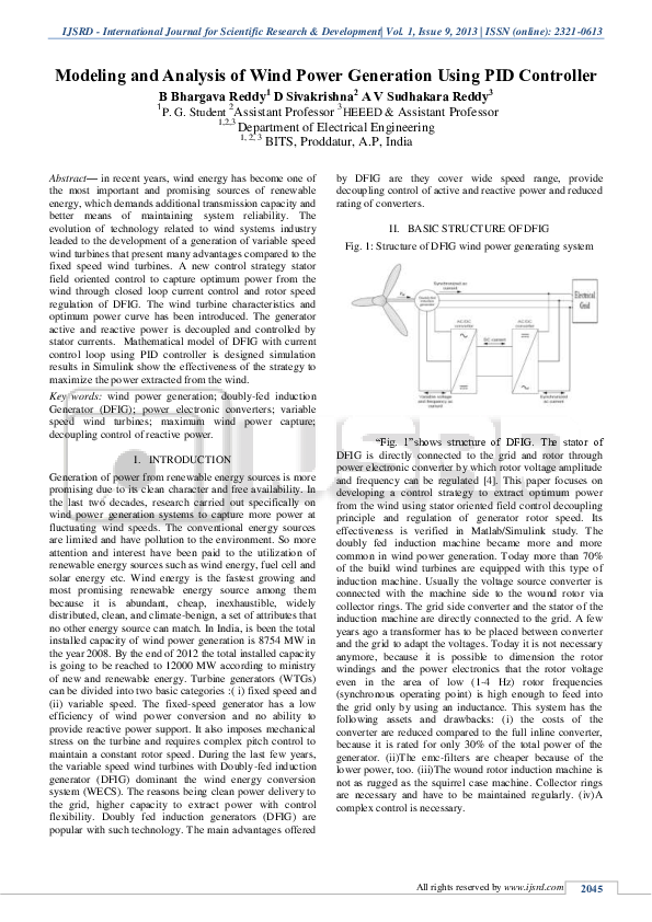 Pdf Modeling And Analysis Of Wind Power Generation Using Pid Controller
