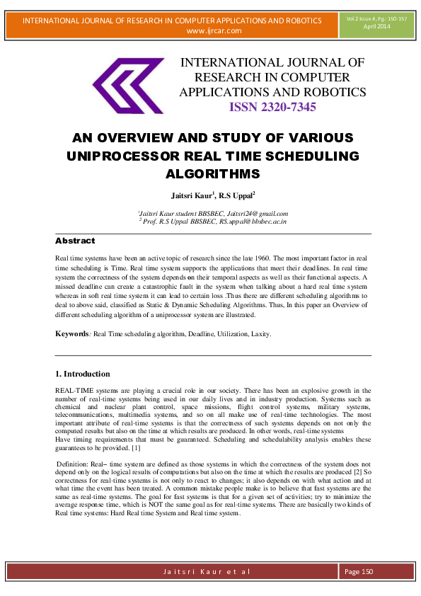 AN OVERVIEW AND STUDY OF VARIOUS UNIPROCESSOR REAL TIME SCHEDULING ALGORITHMS