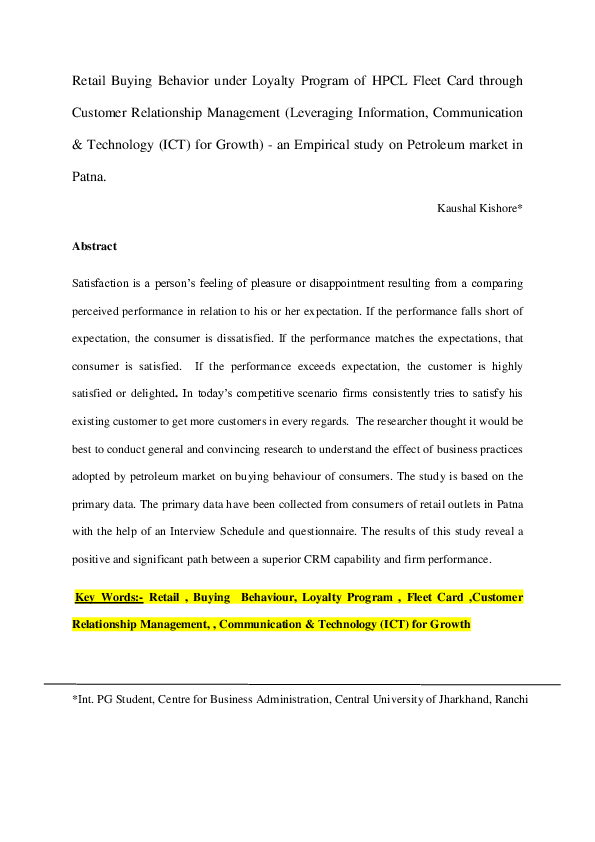 (DOC) Retail Buying Behavior under Loyalty Program of HPCL Fleet Card ...