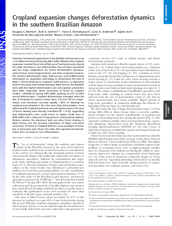 (PDF) Cropland expansion changes deforestation dynamics in the southern ...