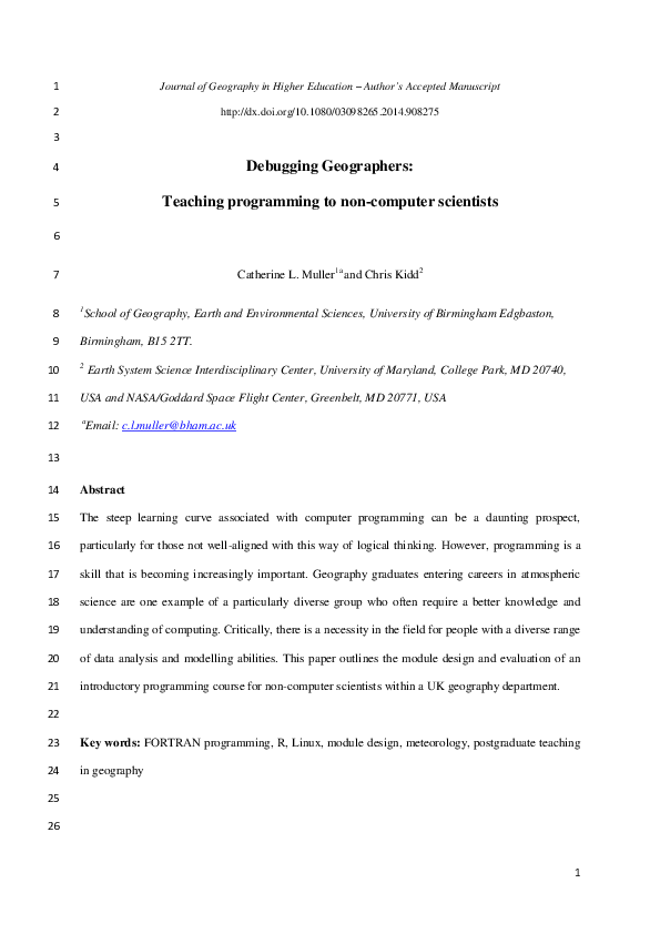 Pdf Debugging Geographers Teaching Programming To Non Computer Scientists