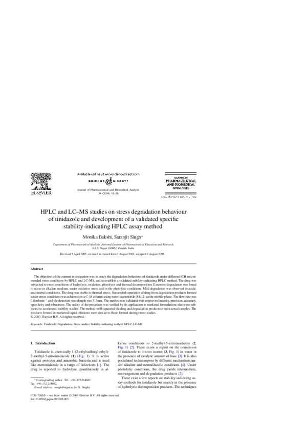 (PDF) HPLC and LC–MS studies on stress degradation behaviour of tinidazole and development of a ...