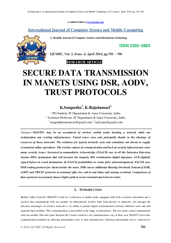 (PDF) SECURE DATA TRANSMISSION IN MANETS USING DSR, AODV, TRUST PROTOCOLS﻿