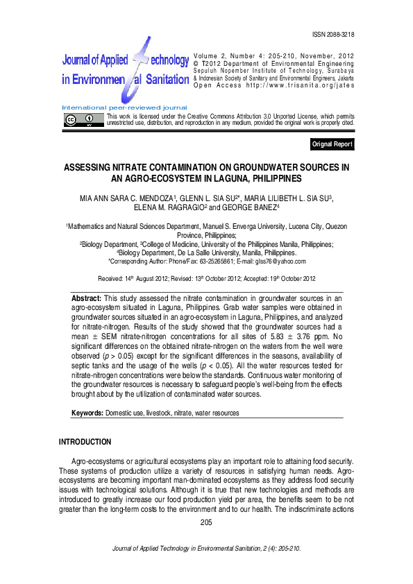 Pdf Assessing Nitrate Contamination On Groundwater Sources In An Agro Ecosystem In Laguna