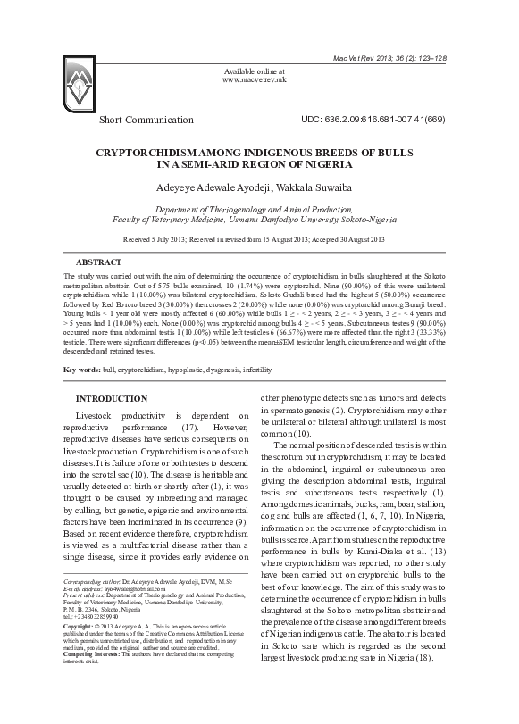 (PDF) Cryptorchidism among indigenous breed of bulls in a Semi-arid ...