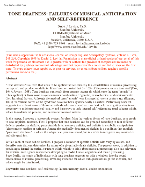(PDF) TONE DEAFNESS: FAILURES Of MUSICAL ANTICIPATION AND SELF-REFERENCE
