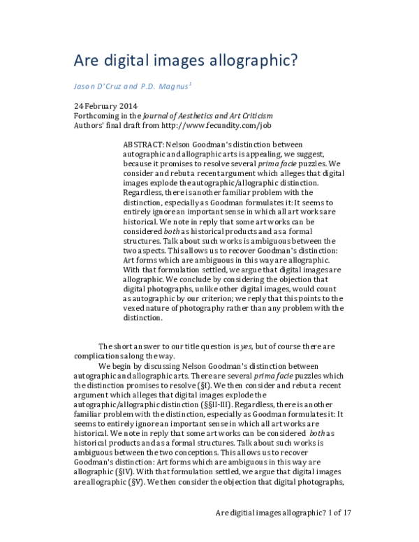 (PDF) Are Digital Pictures Allographic?