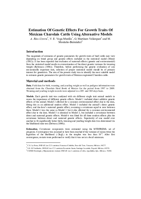 (PDF) Estimation of genetics effects for growth traits of Mexican cattle using alternative models