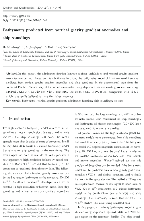 2014 Hu Minzhang, Li Jiancheng, Li Hui, Xing Lelin. Bathymetry predicted from vertical gravity ...
