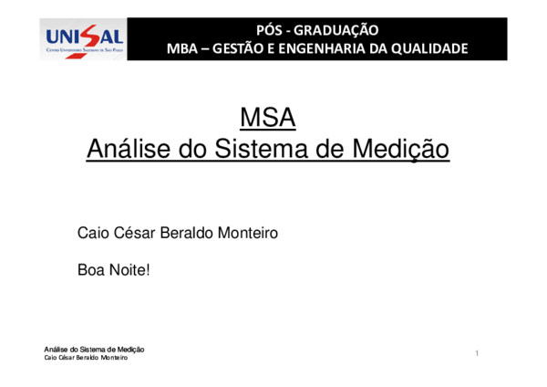 (PDF) PÓS -GRADUAÇÃO MBA – GESTÃO MSA Análise do Sistema de Medição