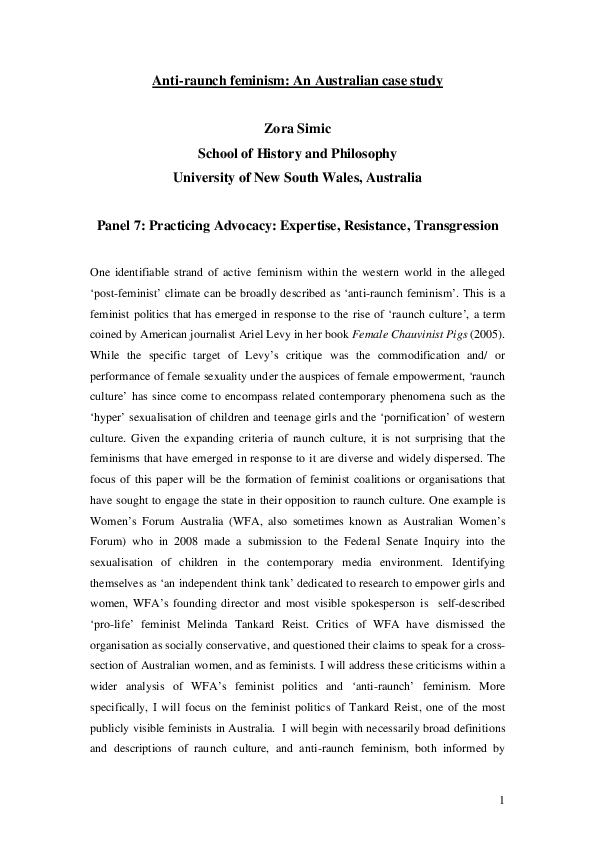 (PDF) Anti-raunch feminism: An Australian case study