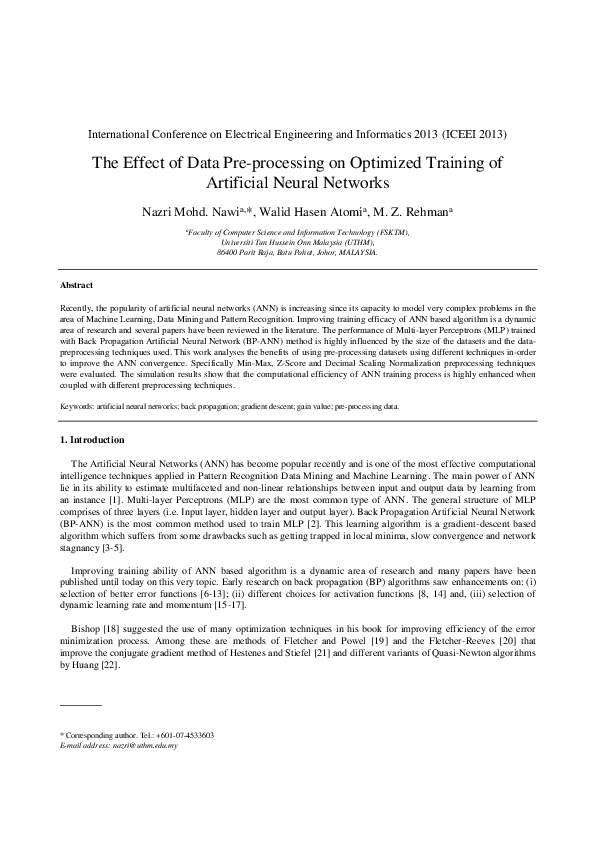 (PDF) The Effect of Data Pre-processing on Optimized Training of Artificial Neural Networks