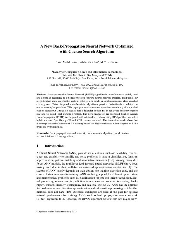 Pdf A New Back Propagation Neural Network Optimized With Cuckoo Search Algorithm