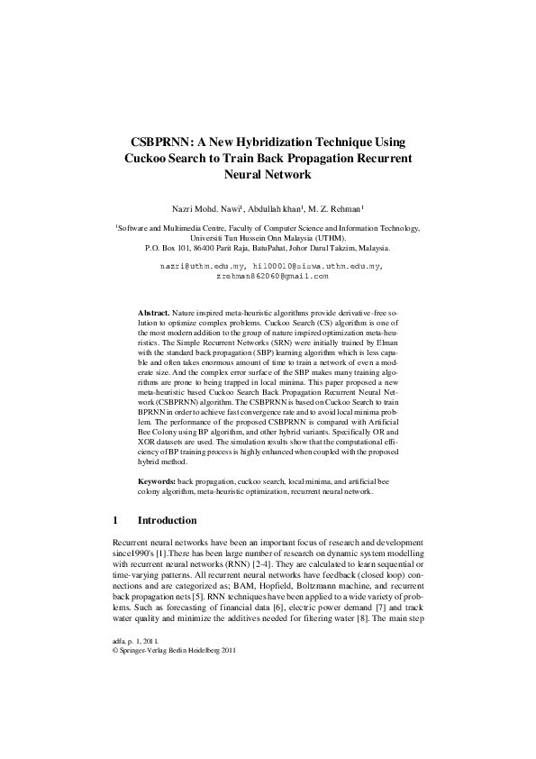 Pdf Csbprnn A New Hybridization Technique Using Cuckoo Search To Train Back Propagation