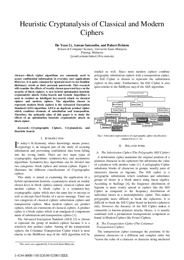 (PDF) Heuristic Cryptanalysis of Classical and Modern Ciphers