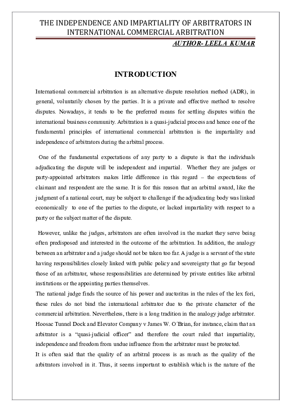 (PDF) Independence and impartiality of arbitrators in international commercial arbiration