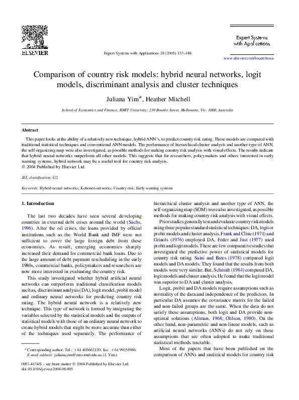(PDF) Comparison of country risk models: hybrid neural networks, logit models, discriminant ...