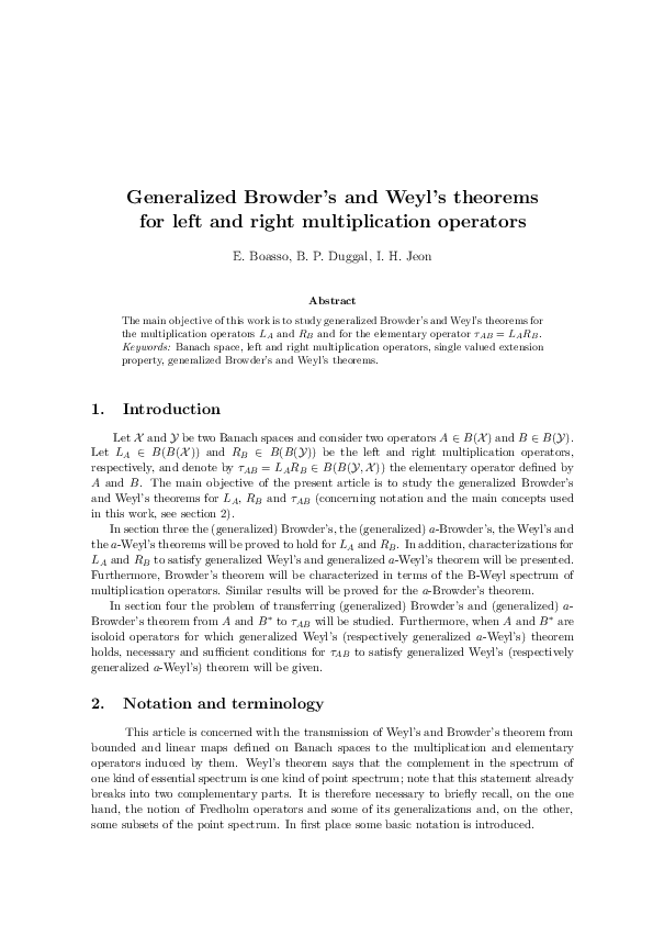 (PDF) Generalized Browder's and Weyl's theorems for left and right multiplication operators