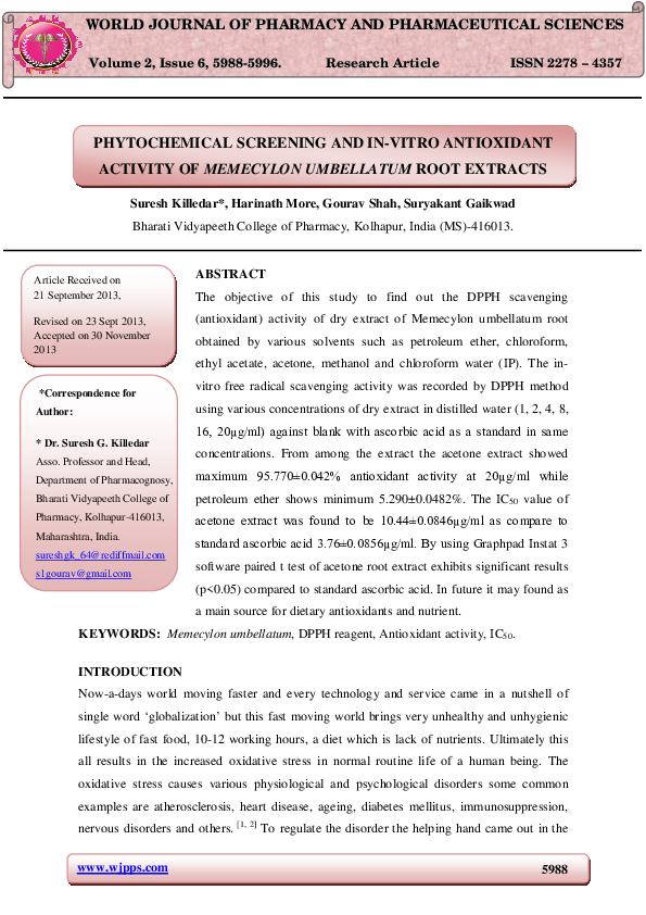 (PDF) PHYTOCHEMICAL SCREENING AND IN-VITRO ANTIOXIDANT ACTIVITY OF MEMECYLON UMBELLATUM ROOT ...