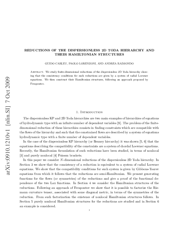 (PDF) Reductions of the dispersionless 2D Toda hierarchy and their Hamiltonian structures