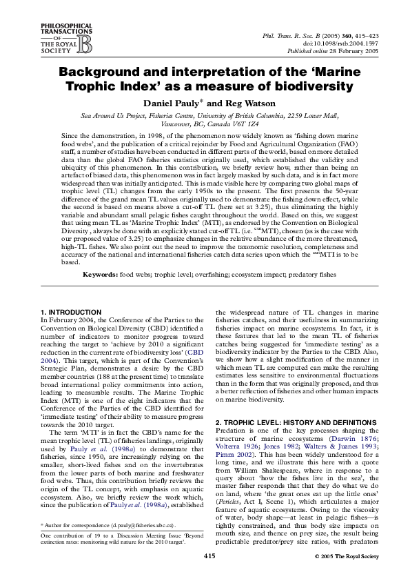 (PDF) Background and interpretation of the ‘Marine Trophic Index’ as a ...