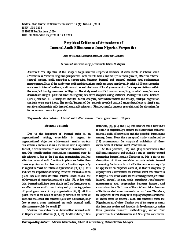 (PDF) Empirical Evidence of Antecedents of Internal Audit Effectiveness from Nigerian Perspective