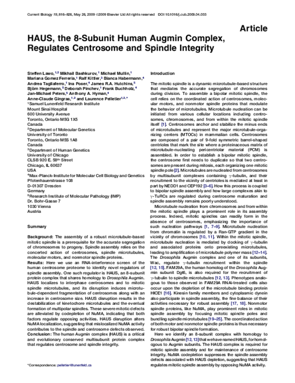 (PDF) HAUS, the 8-Subunit Human Augmin Complex, Regulates Centrosome ...