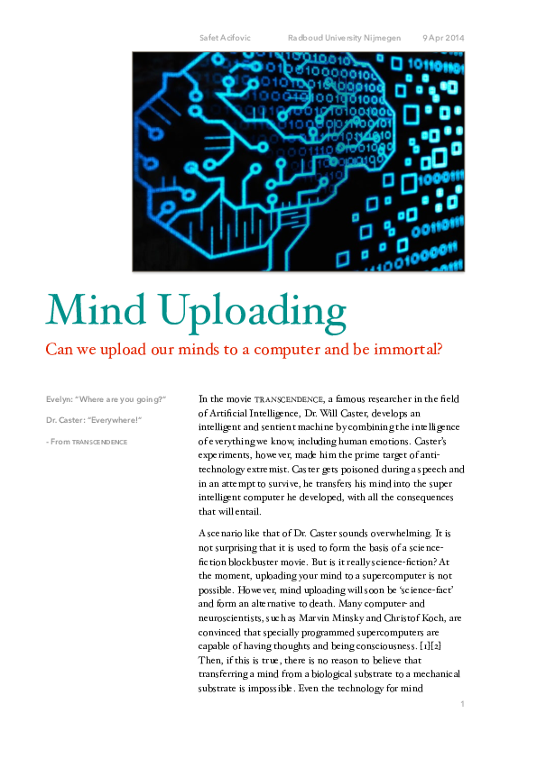 (PDF) Mind Uploading: Can we upload our minds to a computer and be immortal
