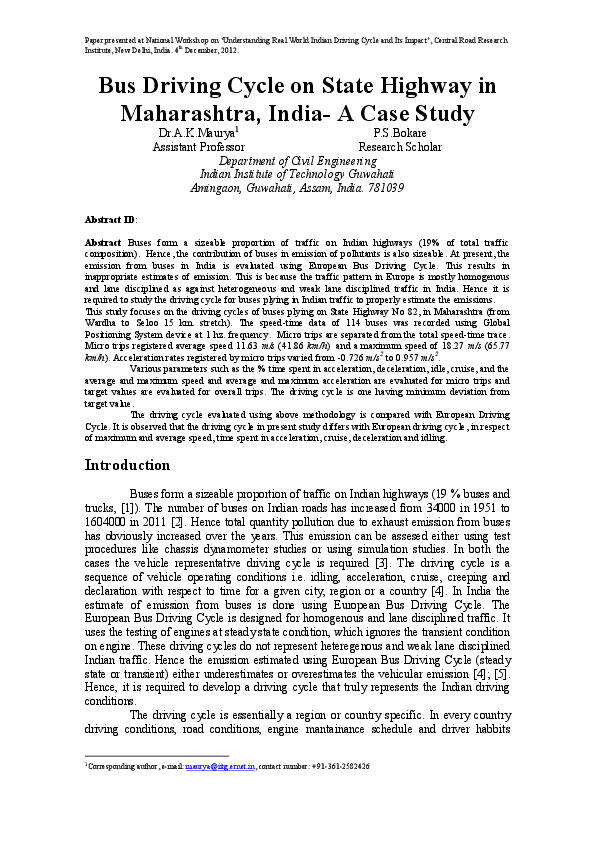 (PDF) Bus Driving Cycle on State Highway in Maharashtra, India- A Case ...