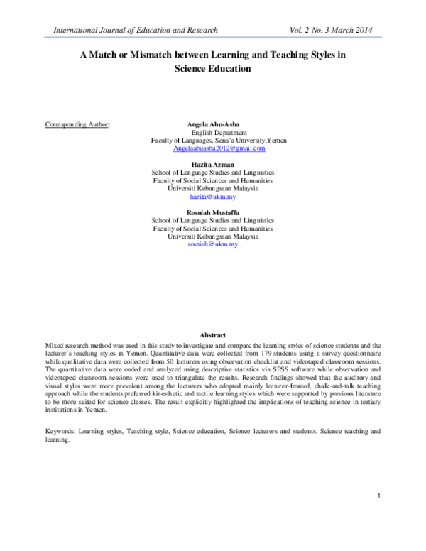 (PDF) A Match or Mismatch between Learning and Teaching Styles in ...