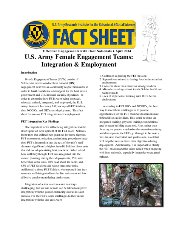 (PDF) U.S. Army Female Engagement Teams: Integration & Employment