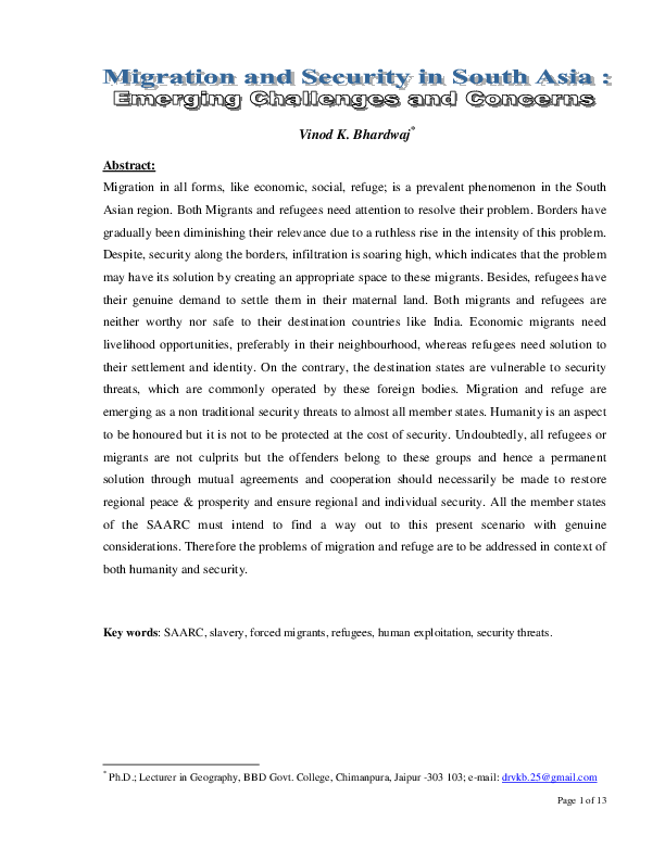 (PDF) Migration and Security in South Asia: Emerging Challenges and ...